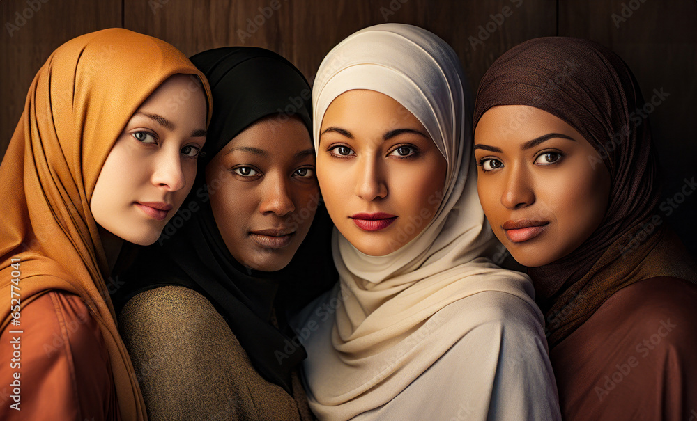 four muslim women in hijabs with different color skin and perfect skin ...