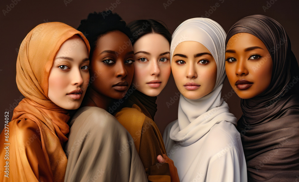 Five muslim women in hijabs with different color skin and perfect skin ...