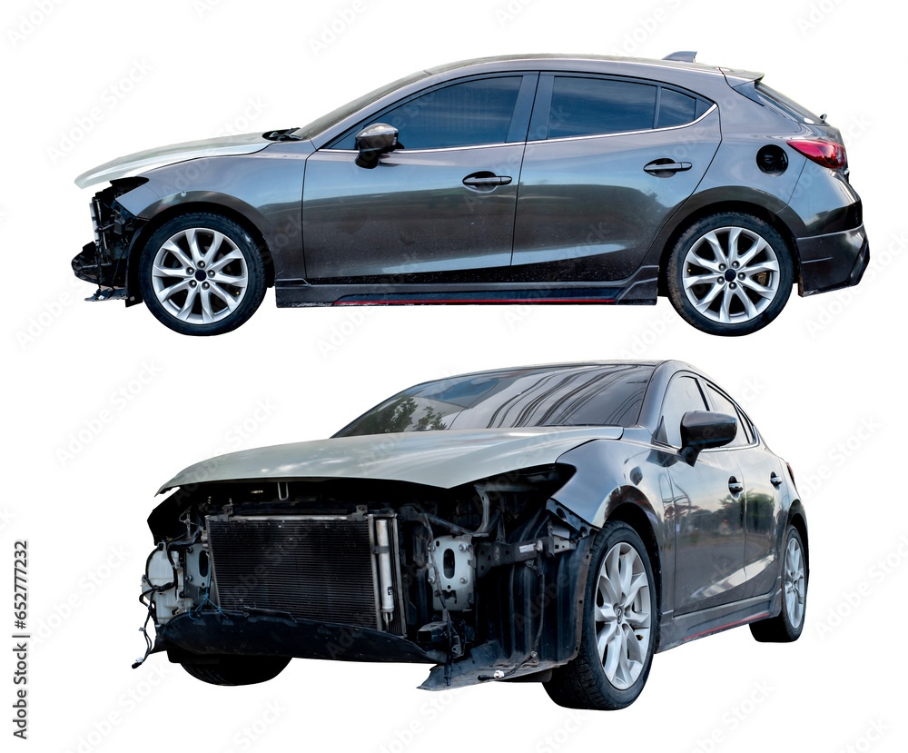 Side of modern black car get damaged by accident on the road. damaged ...