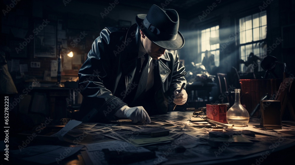 Detective analyzing clues at a crime scene. Pursuer of justice. A sharp ...