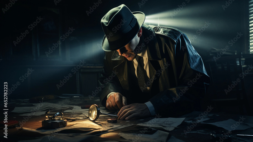 Detective analyzing clues at a crime scene. Pursuer of justice. A sharp ...