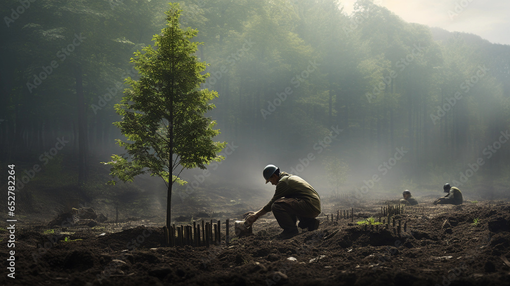 Forester planting saplings in a deforested area. Nature's guardian. A ...