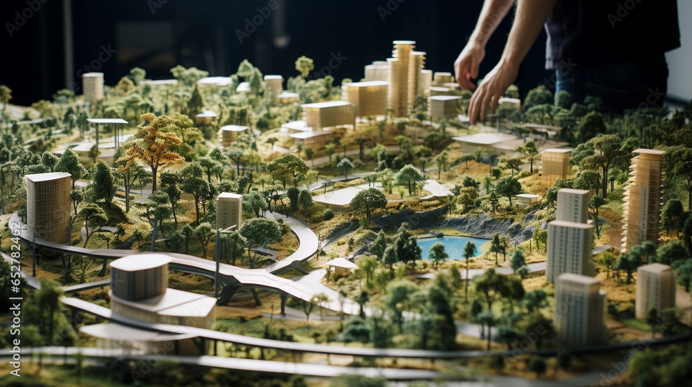 Urban planner designing sustainable city models. Visionary of habitats ...