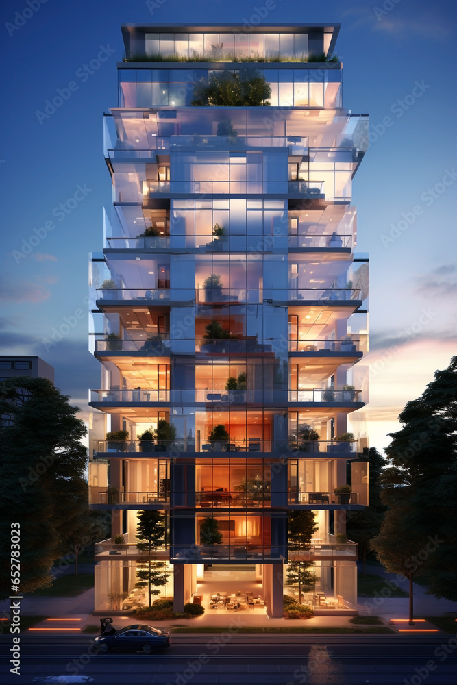 Contemporary High-rise Apartment Building Illuminated by Internal ...