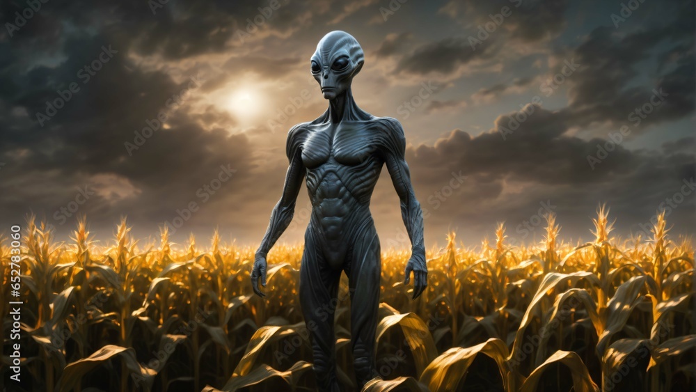 Humanoid Gray Alien in Corn field. ET design in high resolution Stock ...