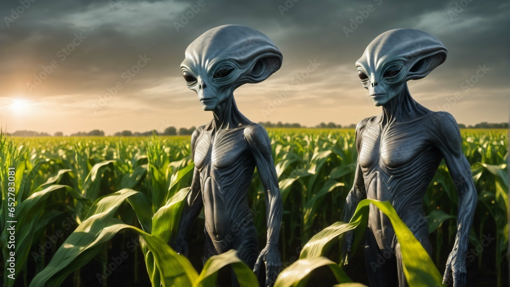 Humanoid Gray Alien in Corn field. ET design in high resolution Stock ...