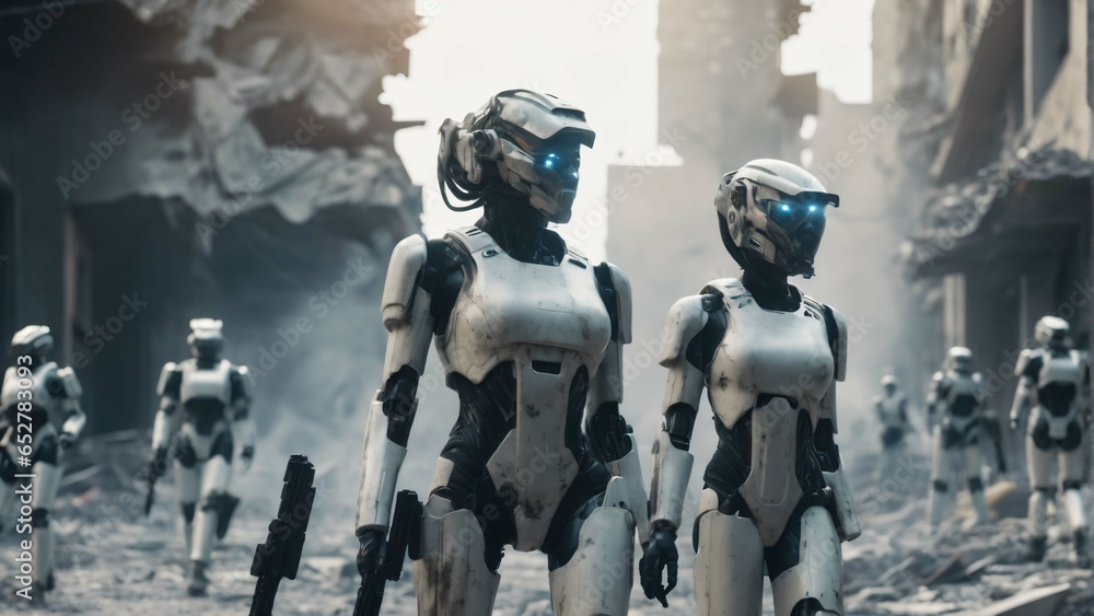 Humanoid Robots in warzone with weapons. Invasion of artificial ...