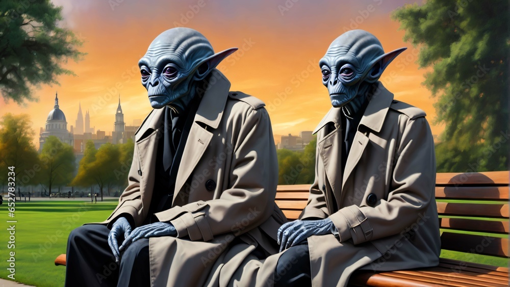 Old Grey alien with trench coat on park with susnet in background ...