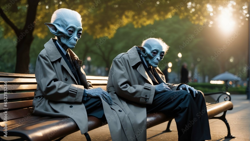 Old Grey alien with trench coat on park with susnet in background ...