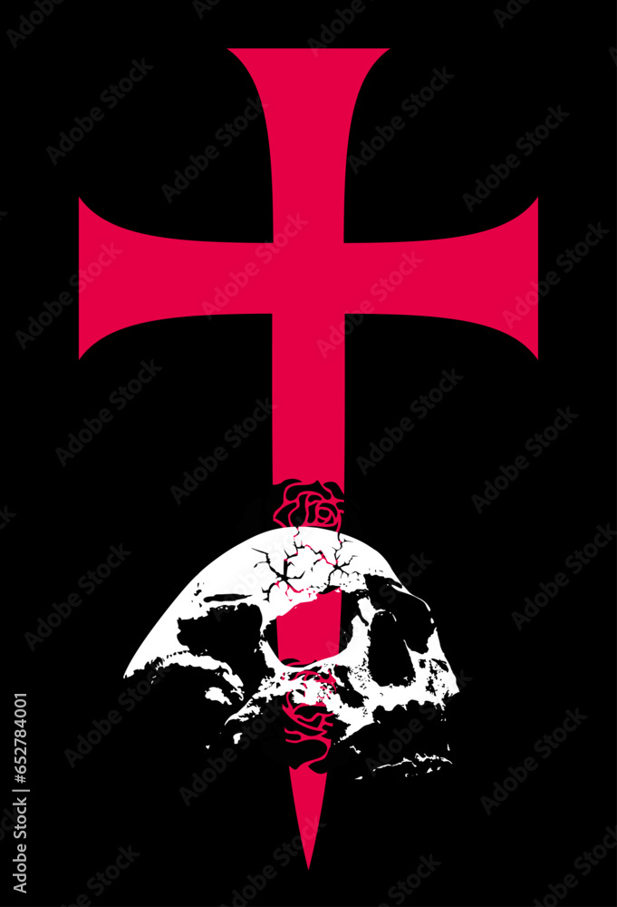 T-shirt design of a fallen skull under a large medieval cross. Good ...