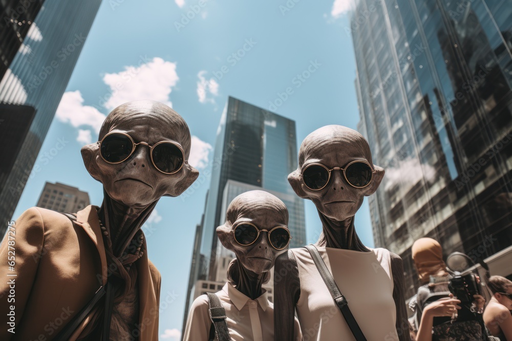 family of aliens walking down the street of a modern city as tourists ...