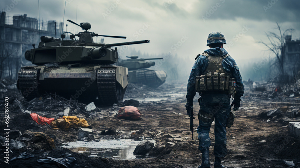 War Concept. Military silhouettes fighting scene on war fog sky ...