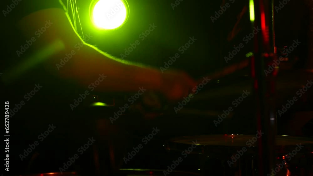 Drummer using drum sticks hitting snare drum. Footage of musician play ...