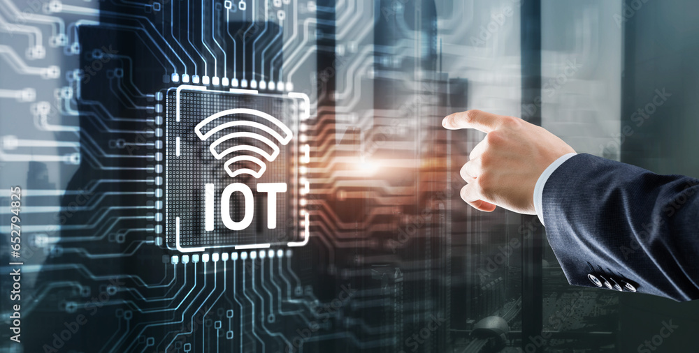 Clicking on the virtual screen Internet of Things IOT concept. Electric ...