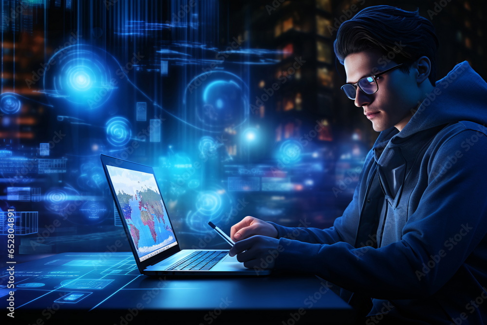 Programmer, Gray Hoodie and World Map on Laptop Screen with Holograms ...