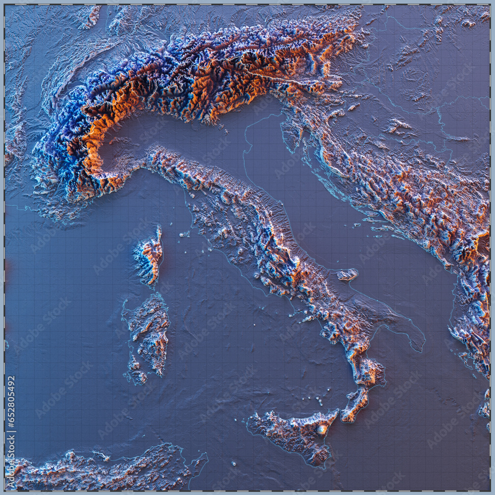 3D map of the Italy with exaggerated topographic relief. Detailed map ...