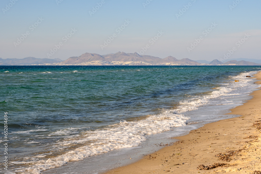 Golden Marmari beach on the island of Kos. Greece. Turkish coast in the ...