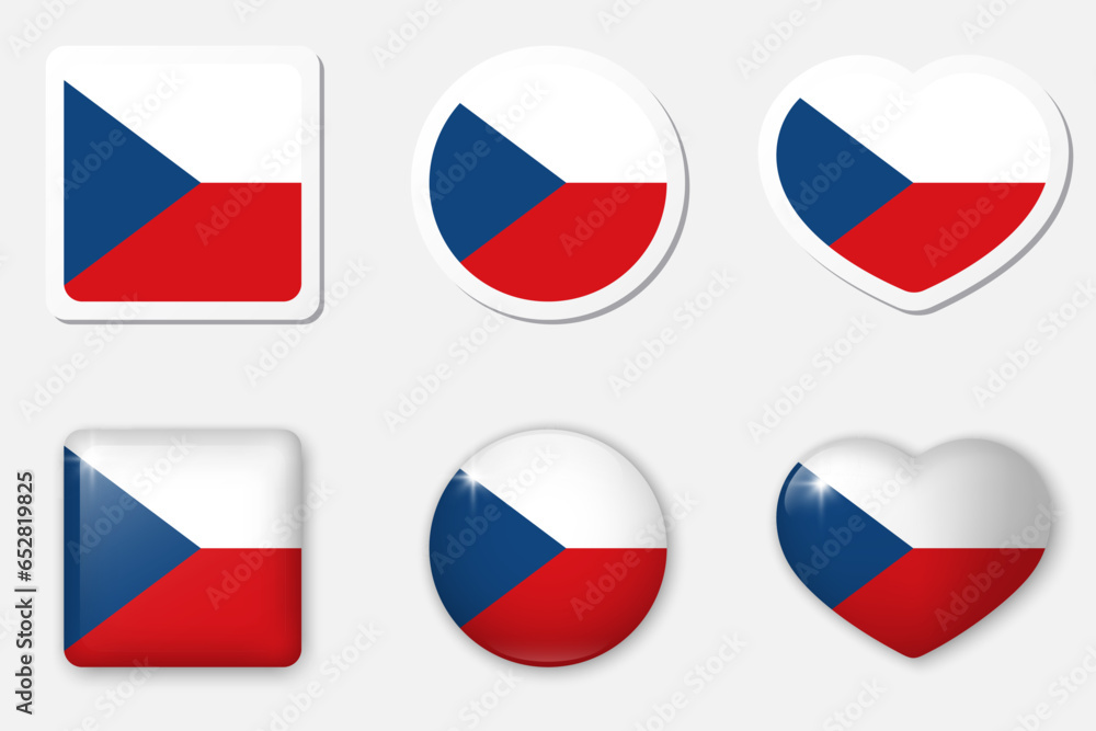 Flag of Czech Republic icons collection. Flat stickers and 3d realistic ...