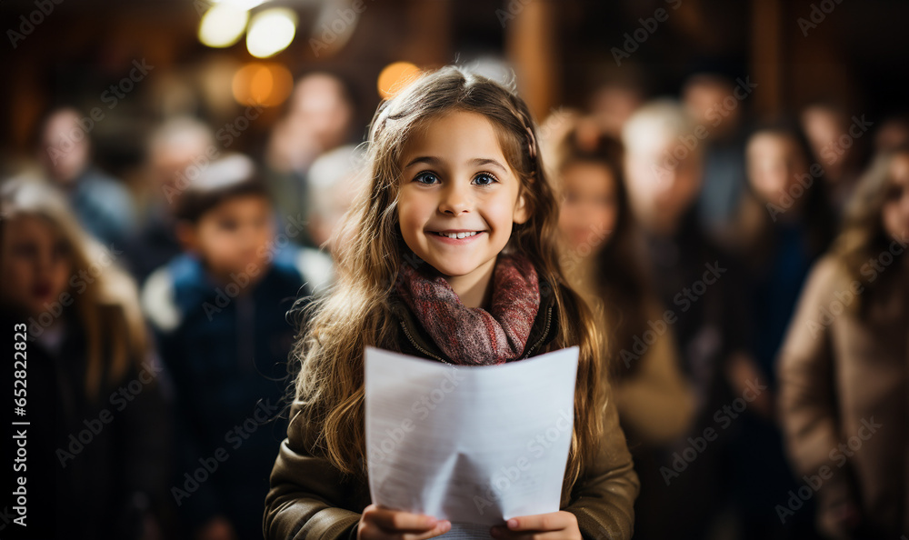 Elementary schoolgirl standing in front of the class give a lecture ...