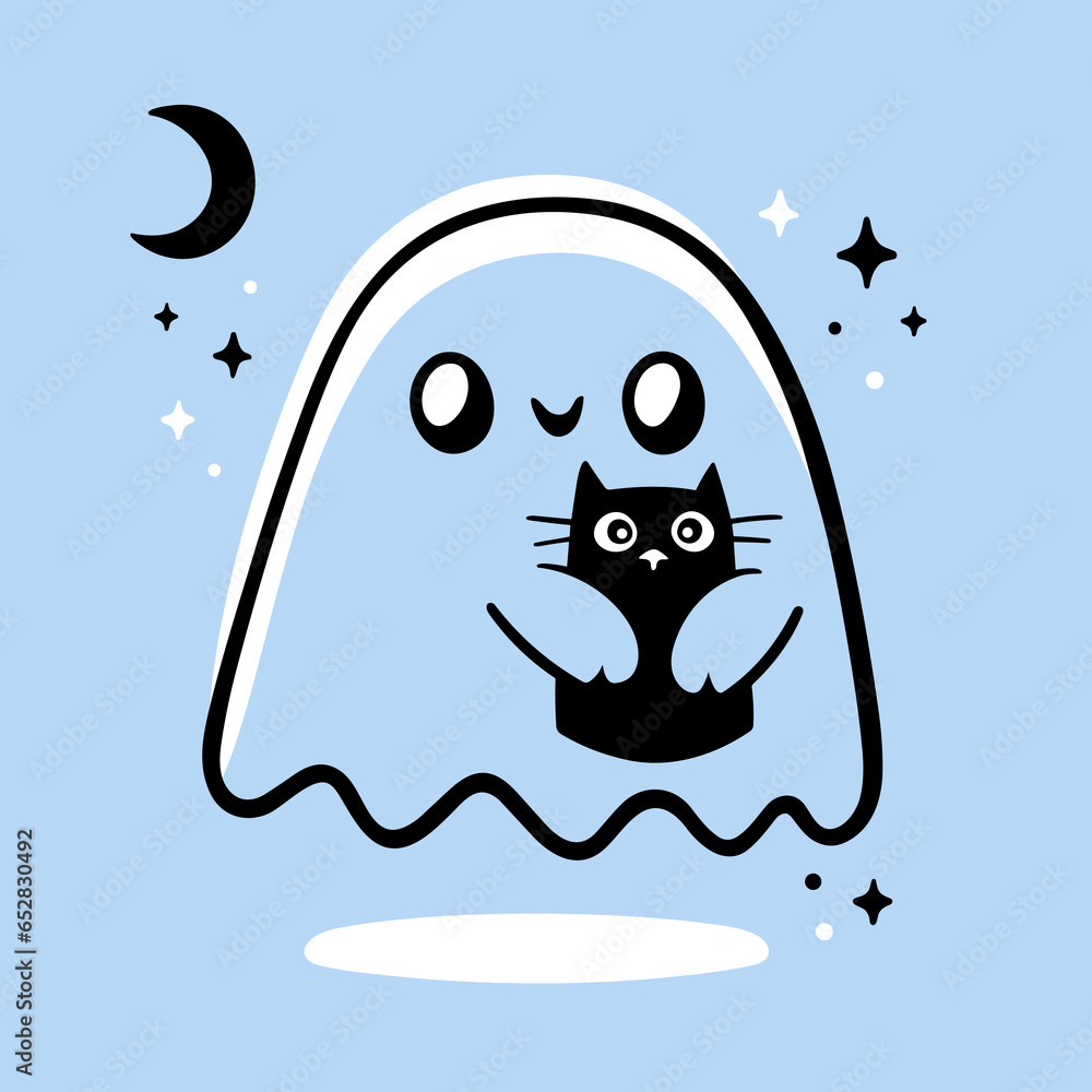 Ghost holding cat illustration. Sheet ghost and cuddly toy. Fall season ...