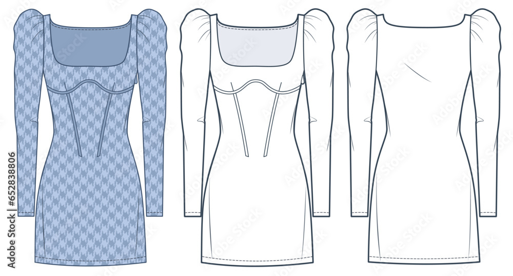 Long Sleeve Dress technical fashion illustration. Mini Dress fashion ...