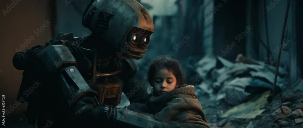 Sci-fi dystopian scene of a robot holding baby at the street ...