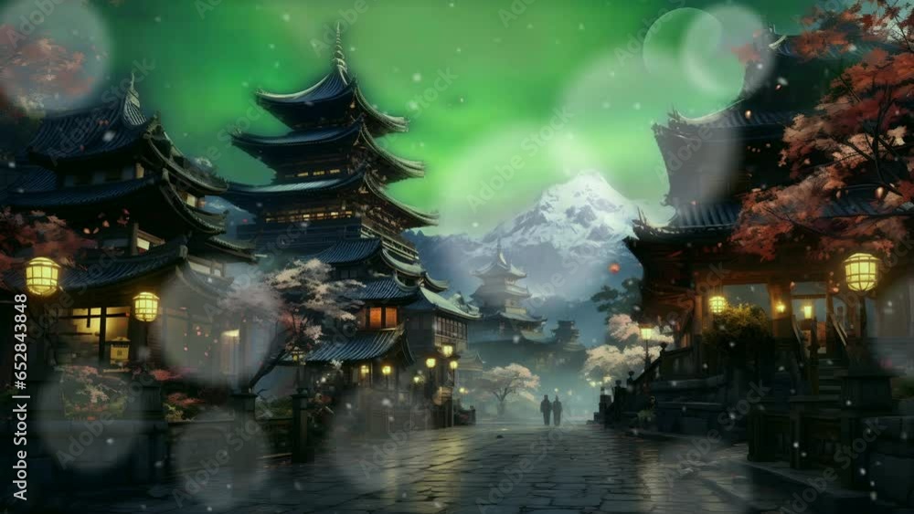Night dream Winter landscape fantasy scene on anime or cartoon style ...