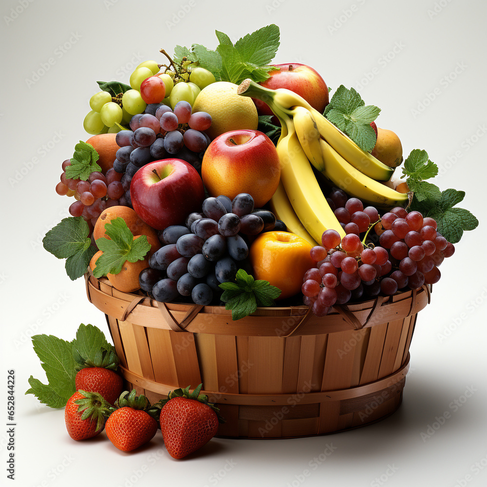 Various types of fresh fruit are placed and filled in a bushel basket ...