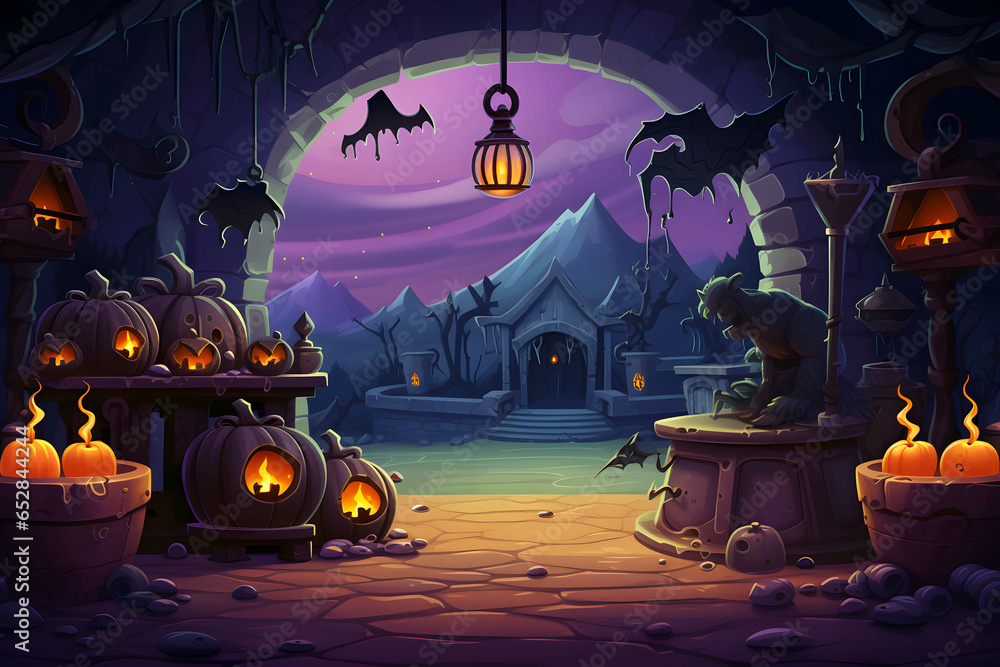 a Halloween vector background portraying a witch's lair with bubbling ...