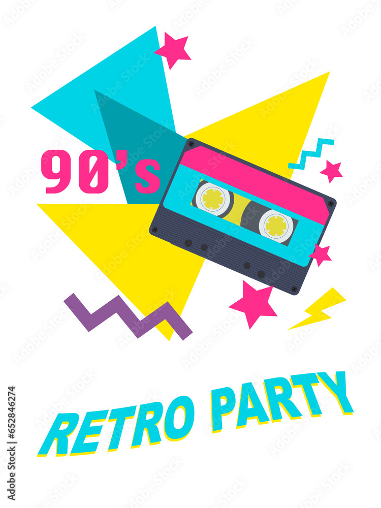 90s style poster template. Old audio cassette and geometric shapes ...
