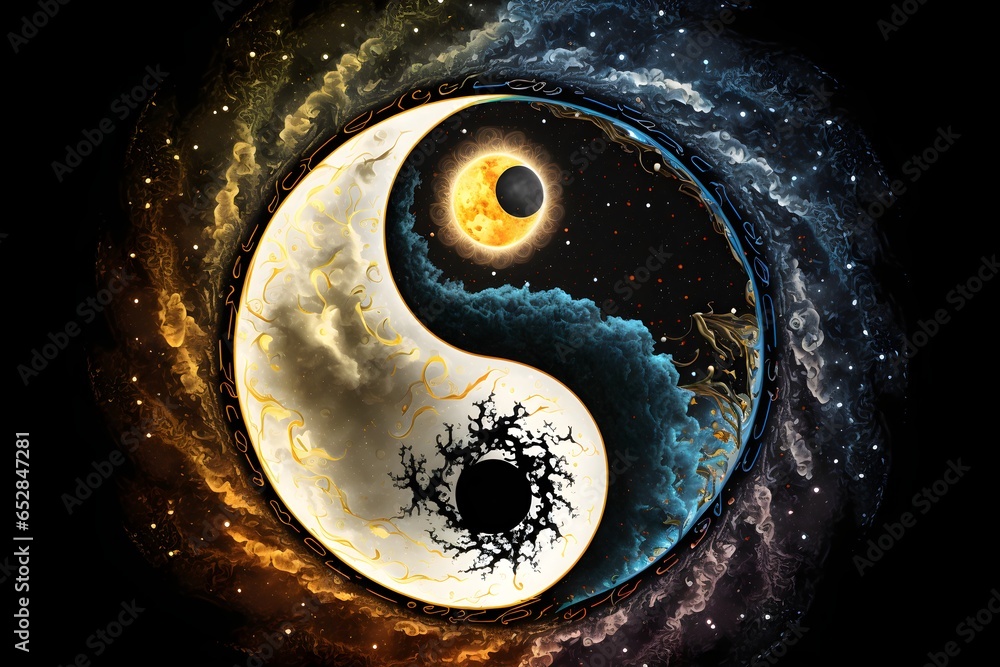 dark and light yin and yang symbol swirling in circle energy particles ...