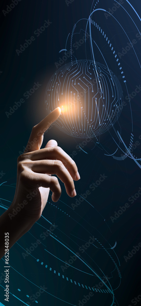 Hand point to global internet technology to connect people.Business ...