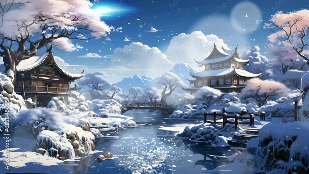 Winter landscape fantasy scene on anime or cartoon style. Japanese or ...