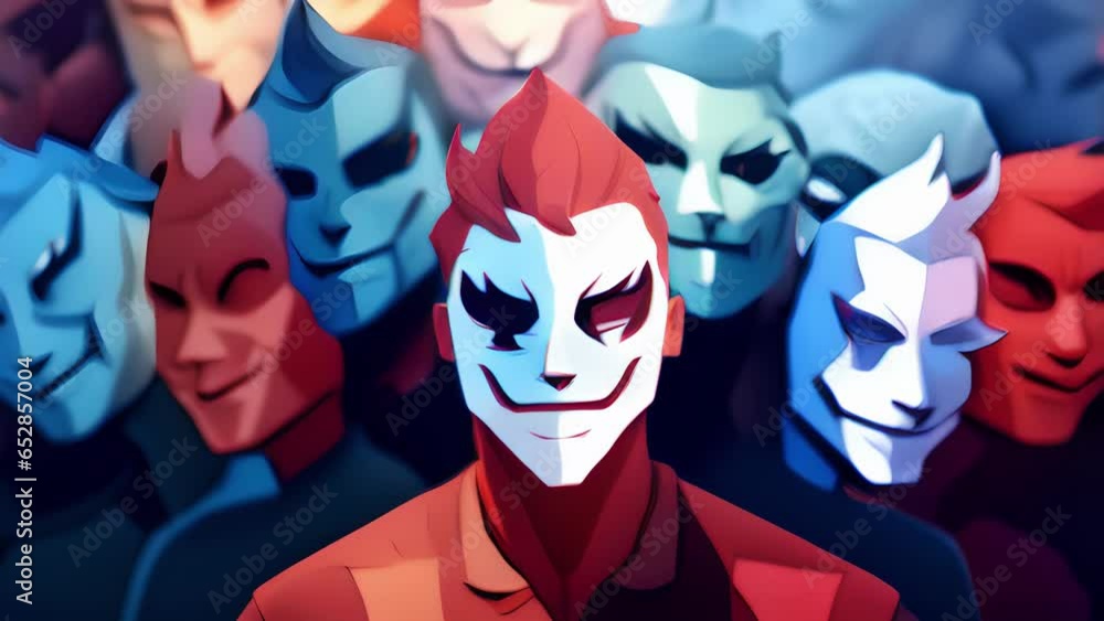 Characters wearing masks that represent their different personas ...