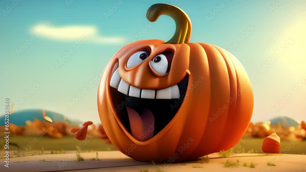 A pumpkin character comes to life, with a big toothy grin, and starts ...