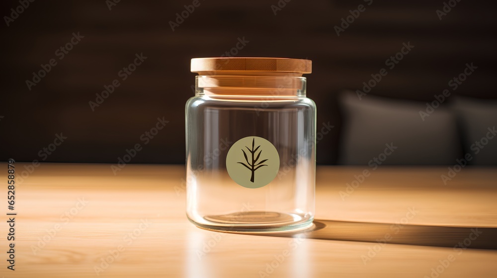 A clear, empty glass jar with a smooth, sustainable bamboo lid, perfect ...