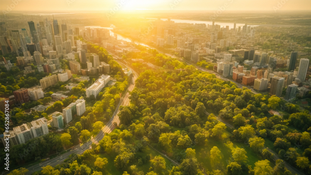 ariel view of a green city, bird eye view, golden hour sunlight with ...