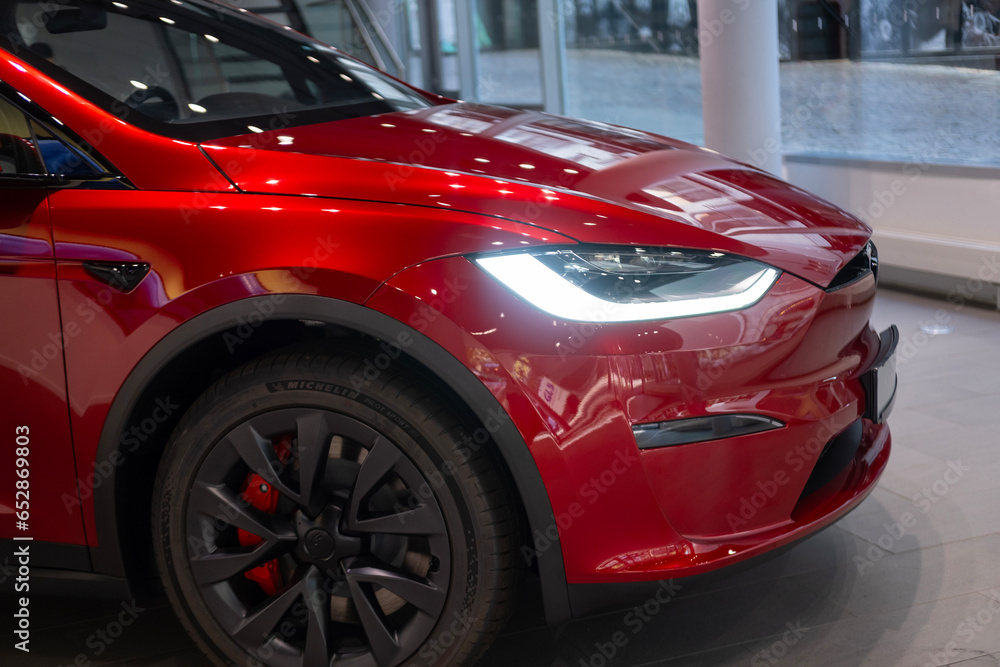 Ultra Red electric vehicle Tesla model X in Studio, SUV Powertrain in ...