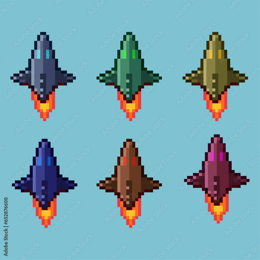 Pixel art sets of spaceship with variation color item asset simple bits ...