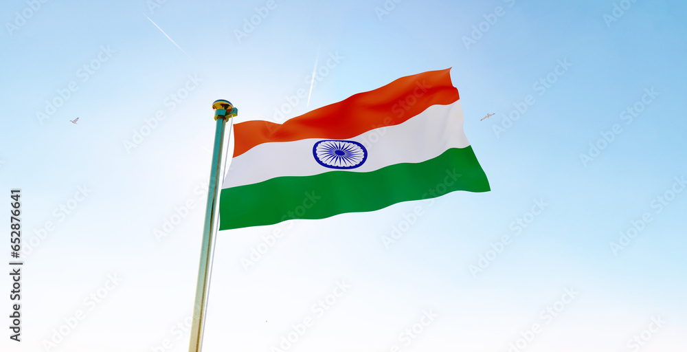 Flag of India flag waving in the wind, sky and sun background. India ...
