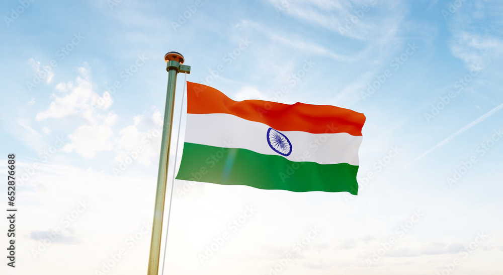 Flag of India flag waving in the wind, sky and sun background. India ...