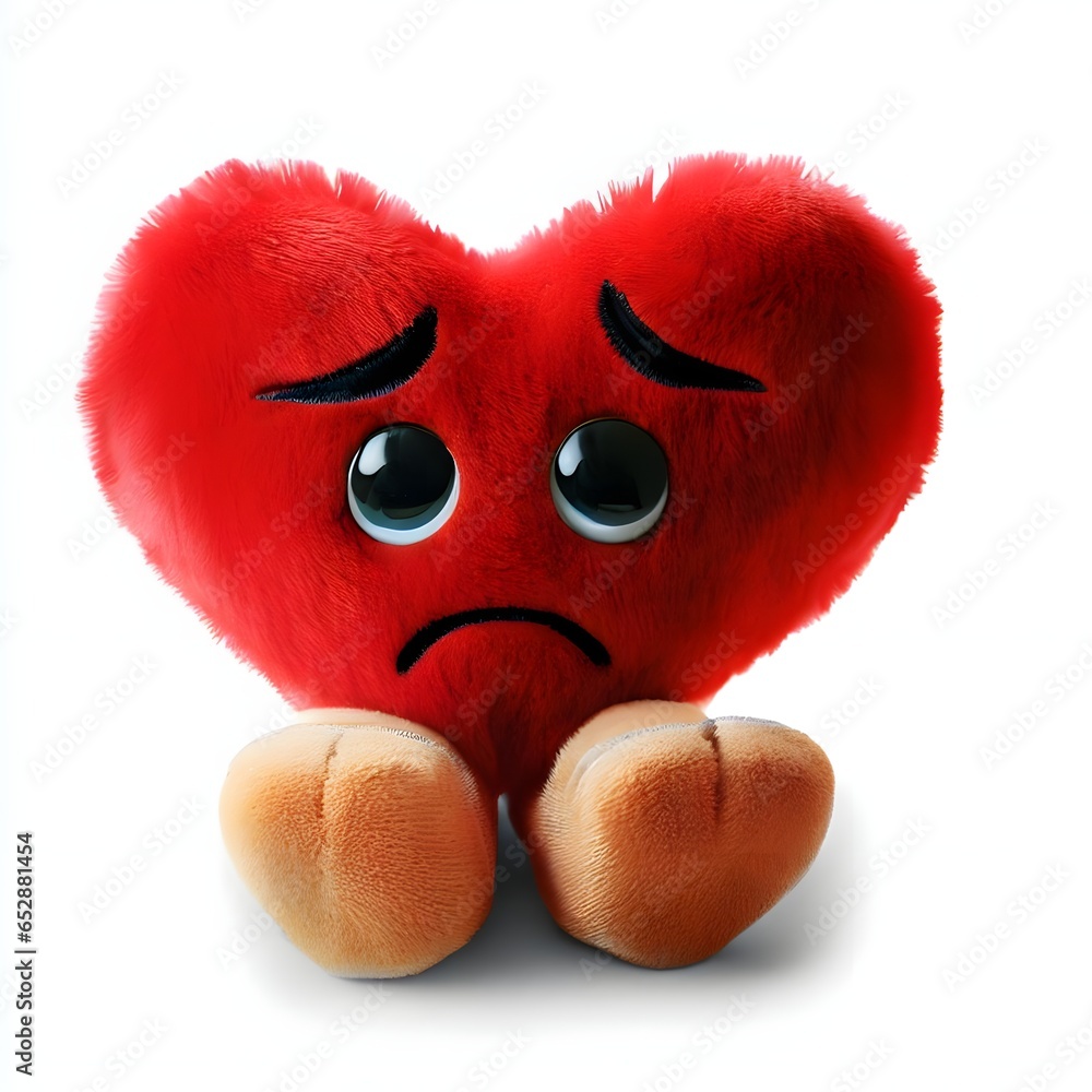 Sad plush heart, sad face with feet, white background Stock ...