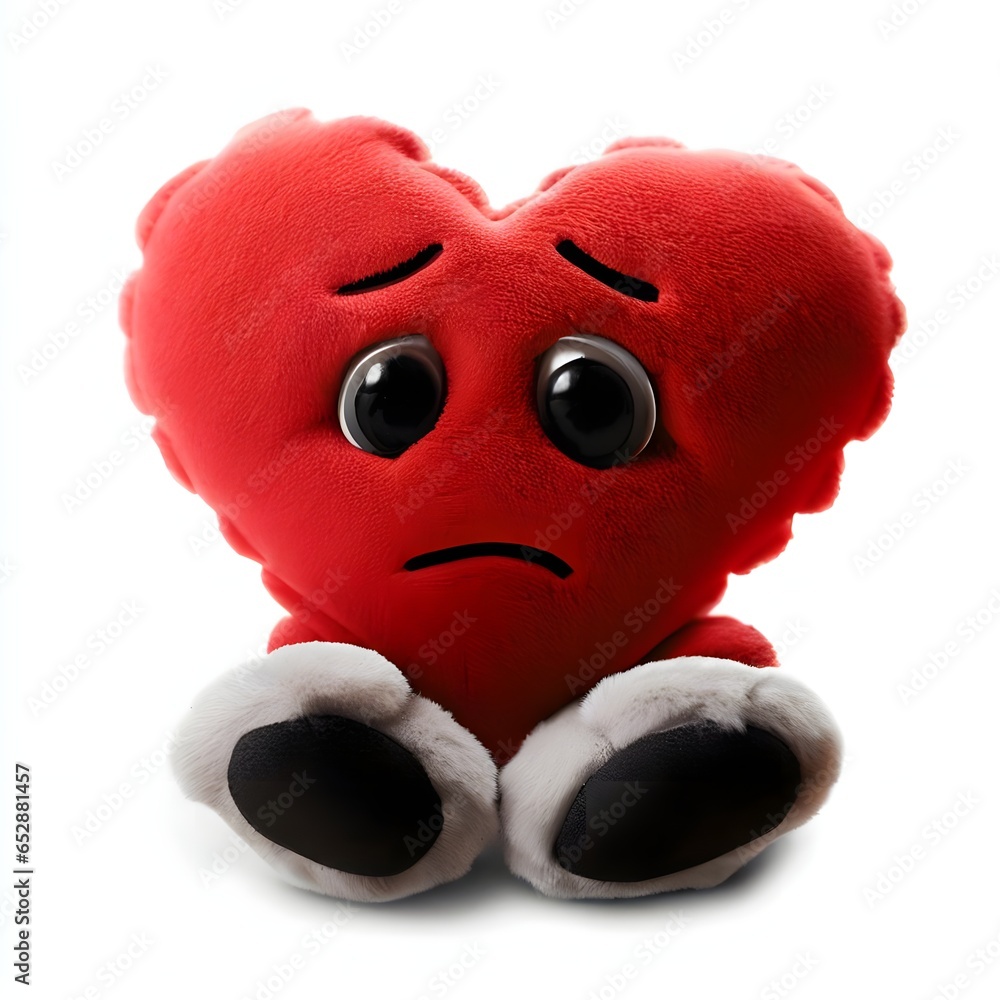 Sad plush heart, sad face with feet, white background Stock ...