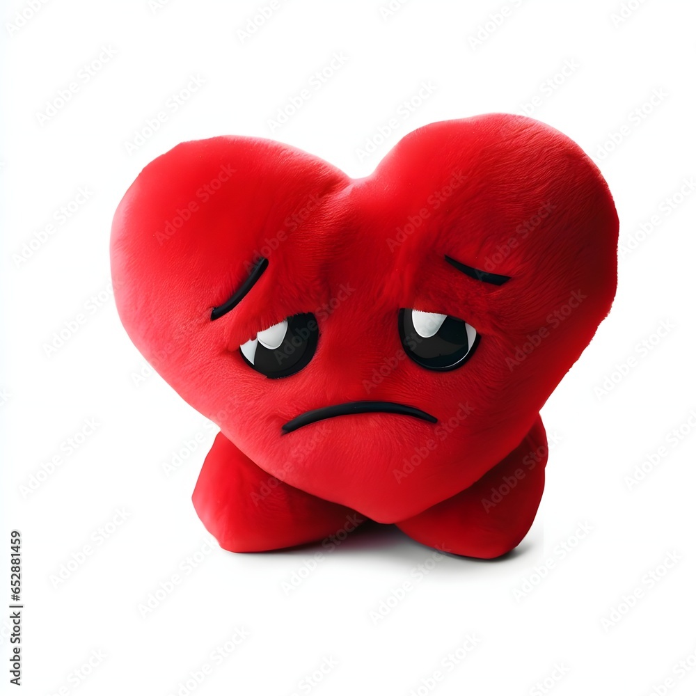 Sad plush heart, sad face with feet, white background Stock ...