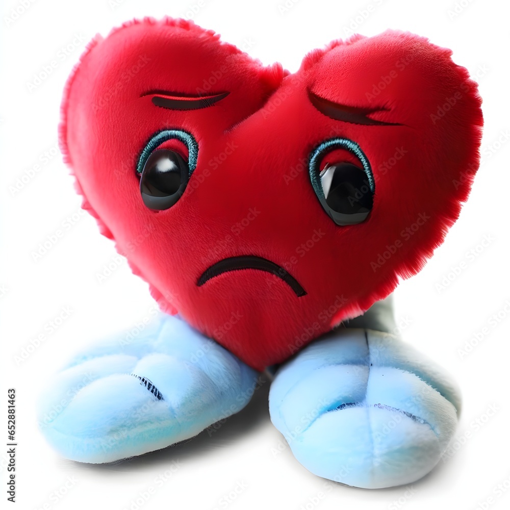 Sad plush heart, sad face with feet, white background Stock ...