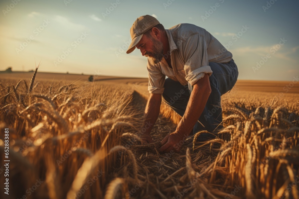 Dedicated farmer, bathed in sunlight, diligently harvesting bountiful ...