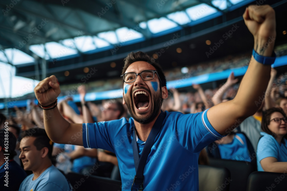 People fan in blue shirts sitting in fan zone watching and cheeringa ...