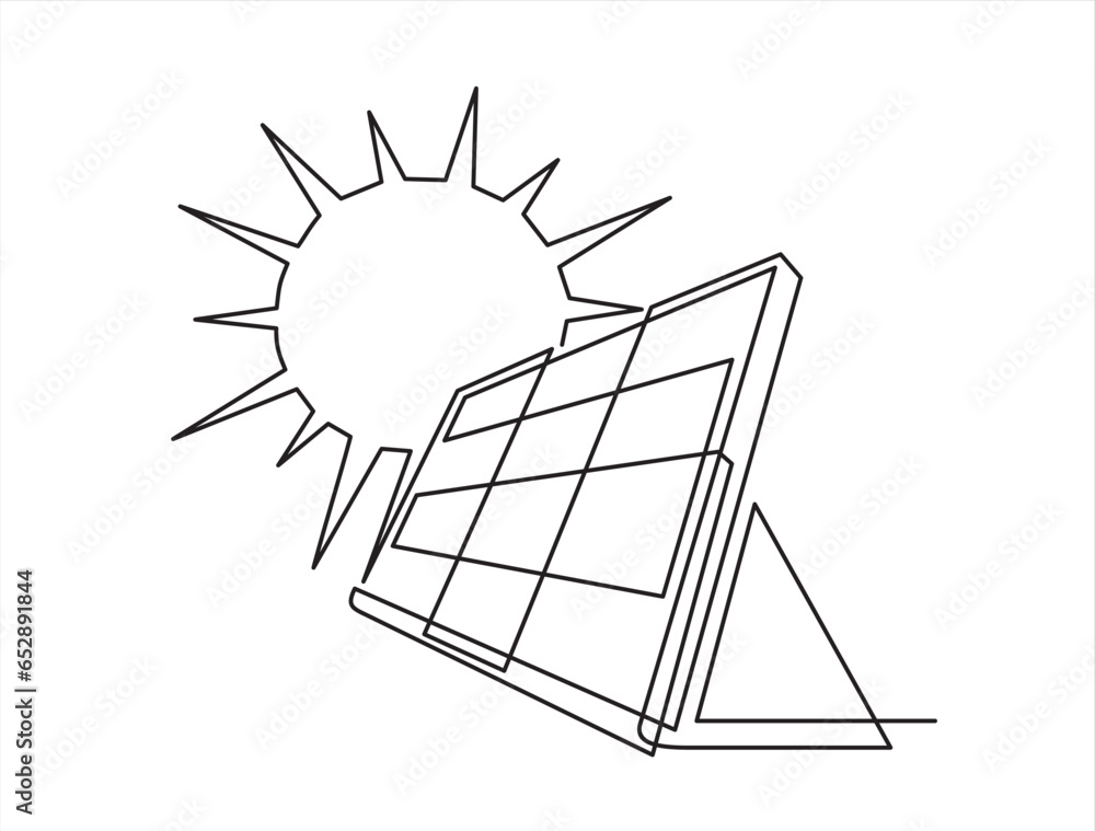 Solar energy in continuous line art drawing style. Solar panels facing ...