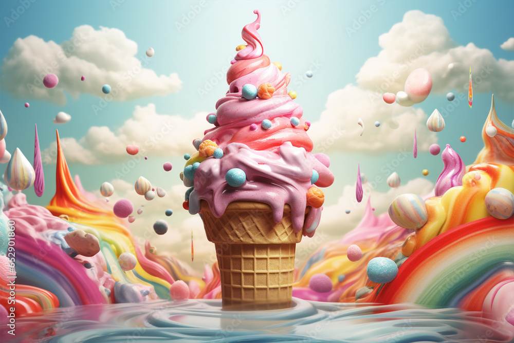 Ice Cream fantasy world, Cartoon illustration of a big ice cream waffle ...