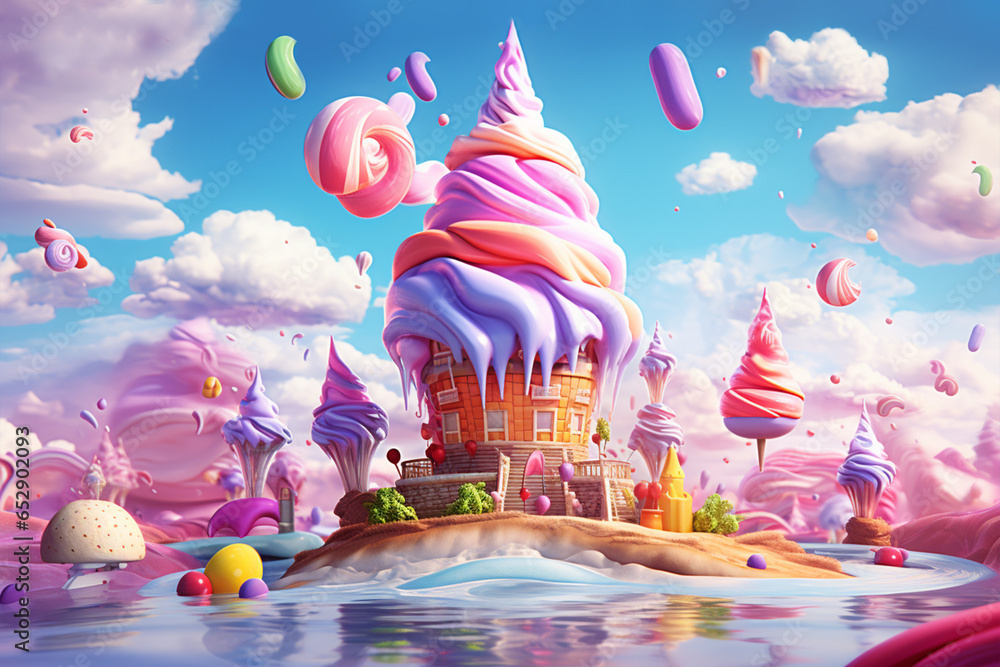 Ice Cream fantasy world, Cartoon illustration of a big ice cream waffle ...